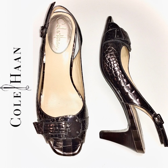 Cole Haan | Shoes | Cole Haan Brown Croc Leather Peep Toe Sling Backs ...
